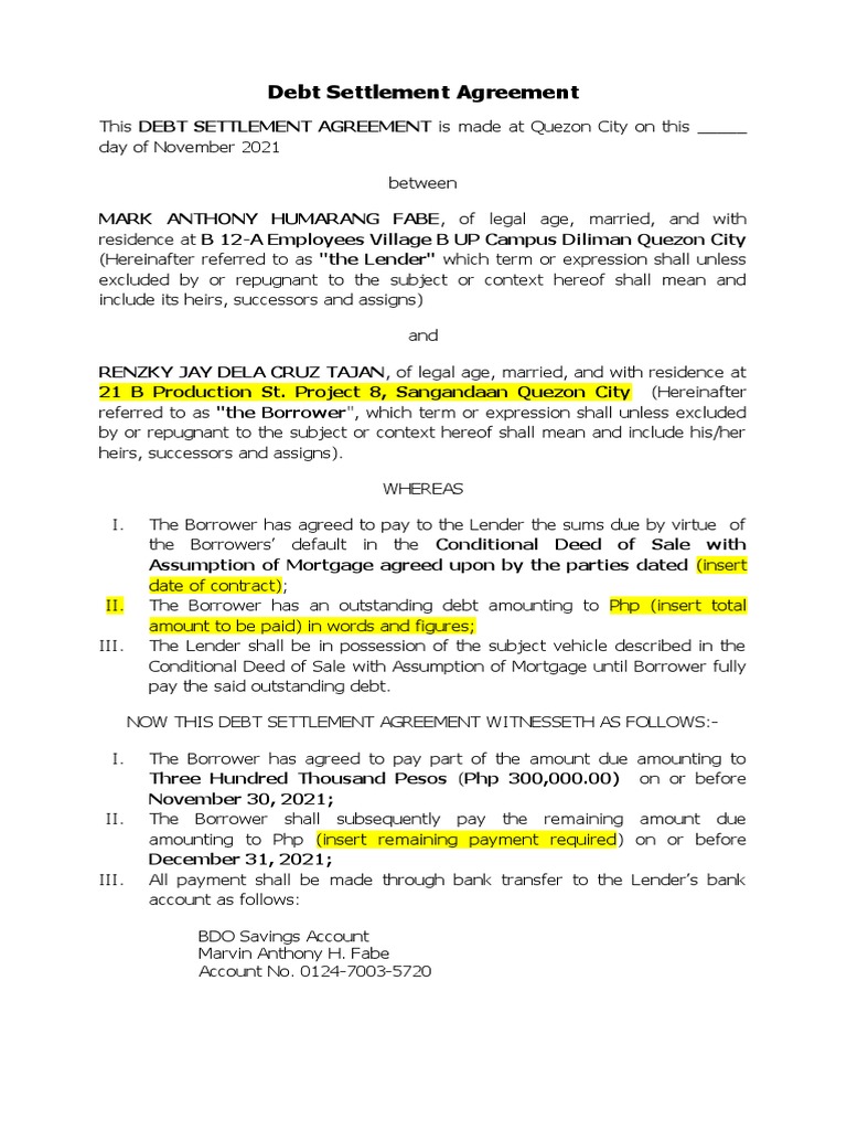 Debt Settlement Agreement Overview | PDF | Debt | Debtor
