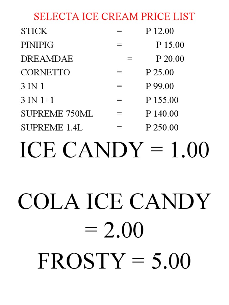 SELECTA ICE CREAM PRICE LIST New | PDF | Cooking, Food & Wine