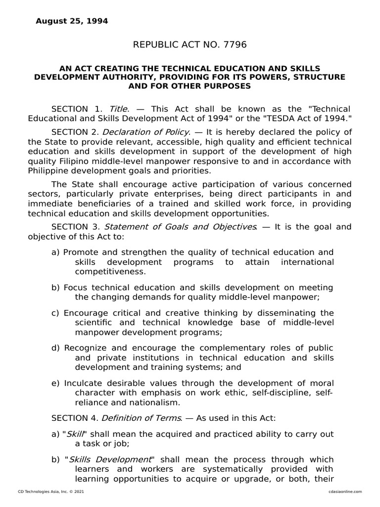 RA 7796 - 25 August 1994 | PDF | Vocational Education | Employment
