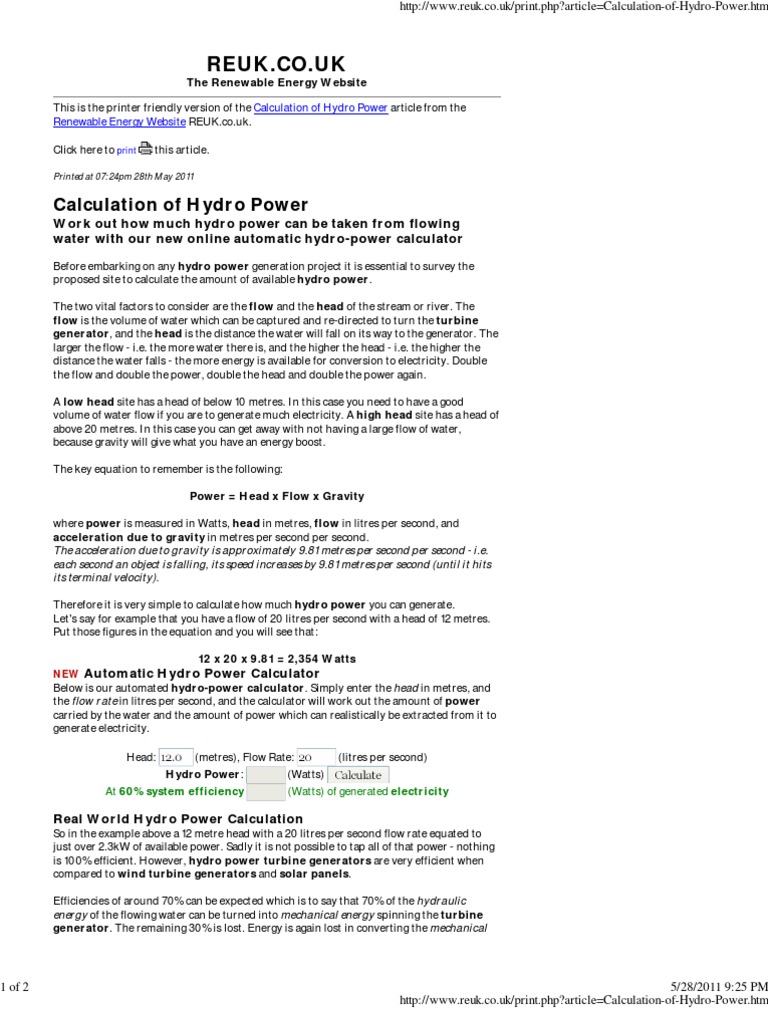 Calculation of Hydro Power | PDF | Power (Physics) | Hydroelectricity