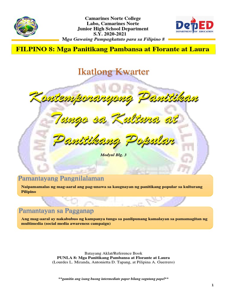 Filipino 8 Learning Activities Quarter 3 (AutoRecovered) | PDF