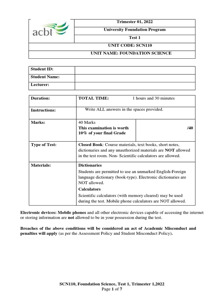 Test 1 - SCN 110 1,2022 | PDF | Science | Plants
