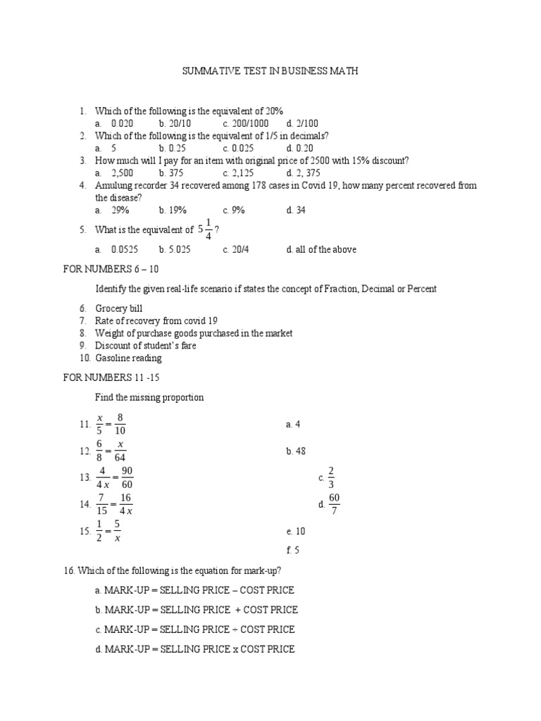 Summative Test in Business Math | PDF | Prices | Cost