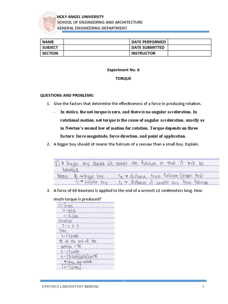 Ephysicsl Experiment 6 - Torque - Finalreport | PDF | Torque | Force
