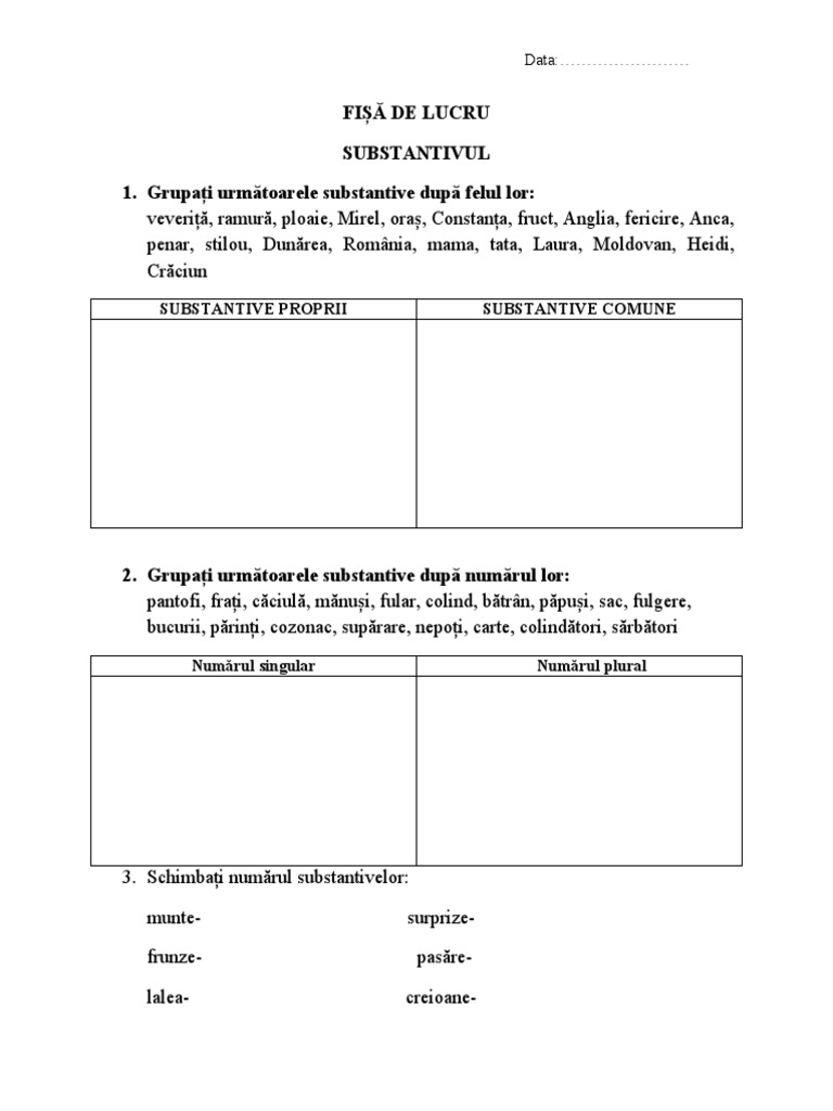 Fisa Lucru Substantivul Clasa A 3 A | PDF