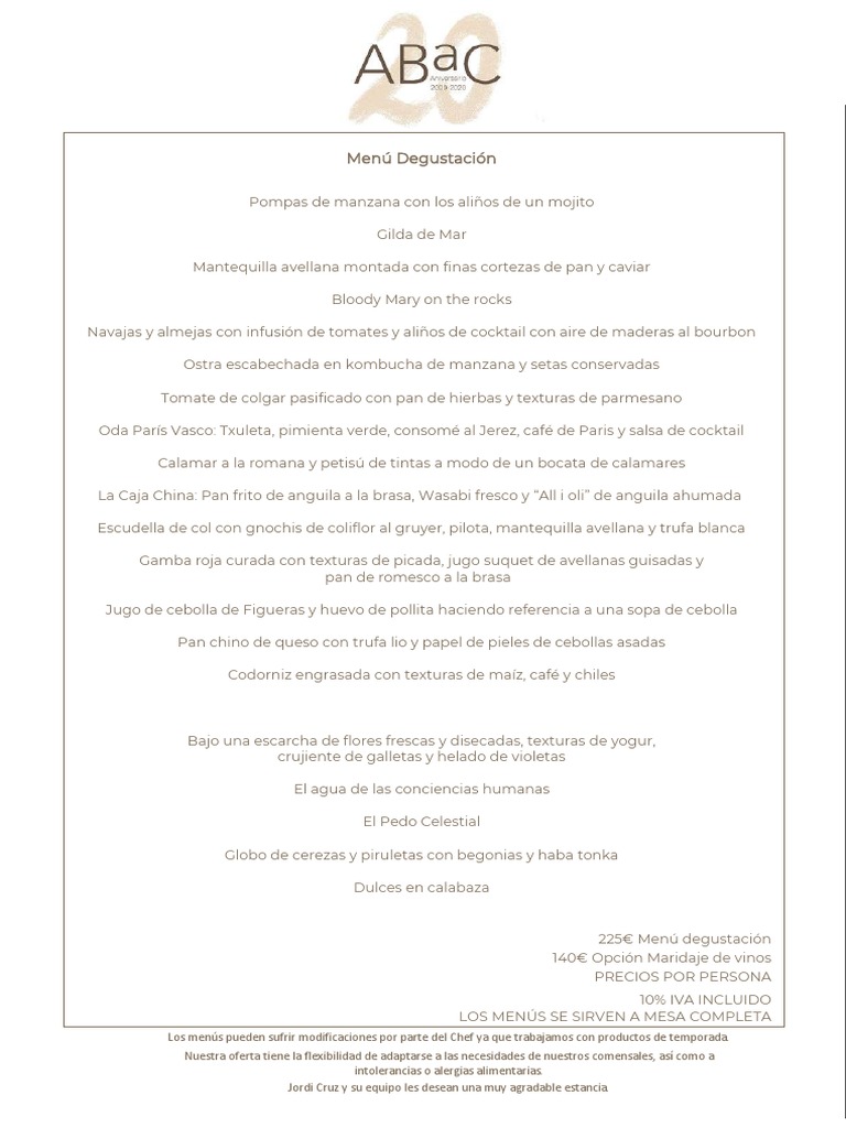 ESP Carta ABaC Restaurant | PDF | Cocina | Alimentos