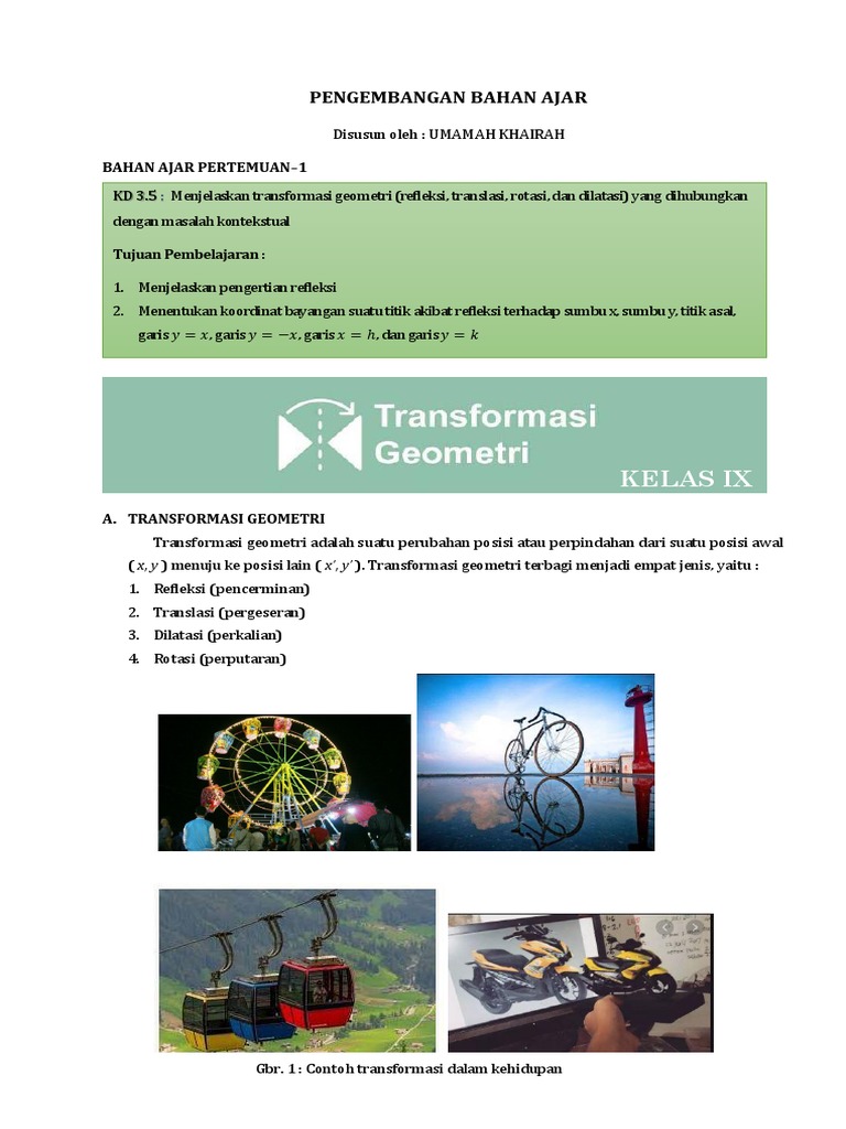 Bahan Ajar Transformasi Geometri Kelas 9 | PDF