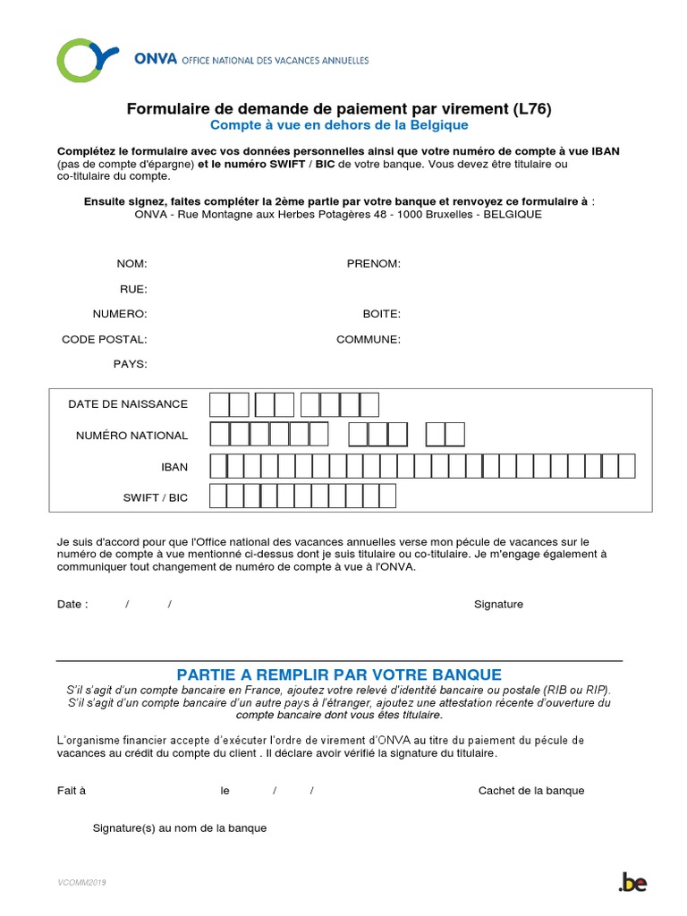 Formulaire de virement ONVA Belgique | PDF