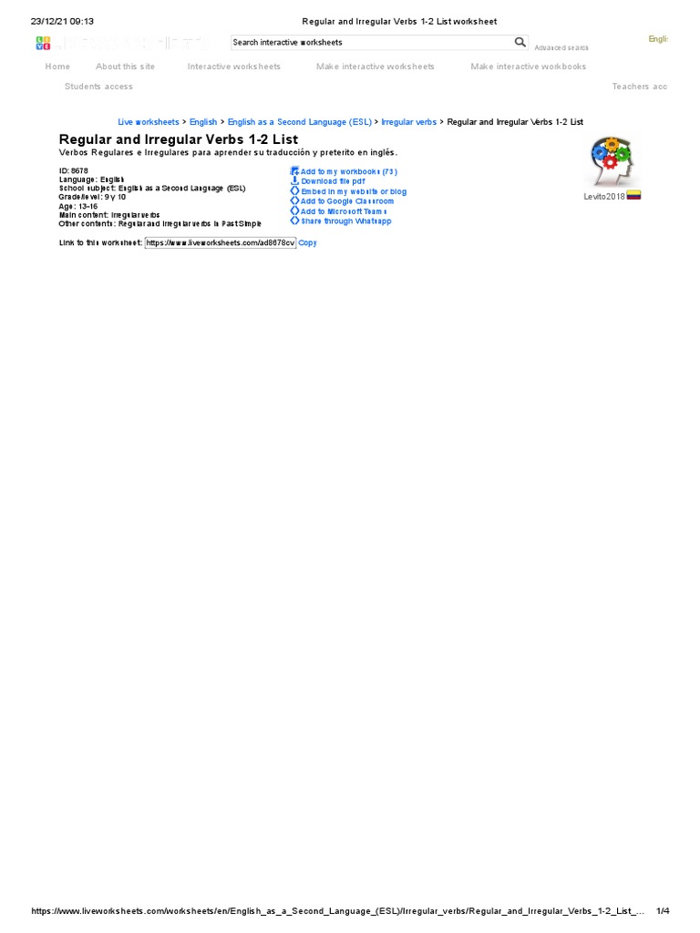 Regular and Irregular Verbs 1-2 List Worksheet | PDF | Linguistics ...