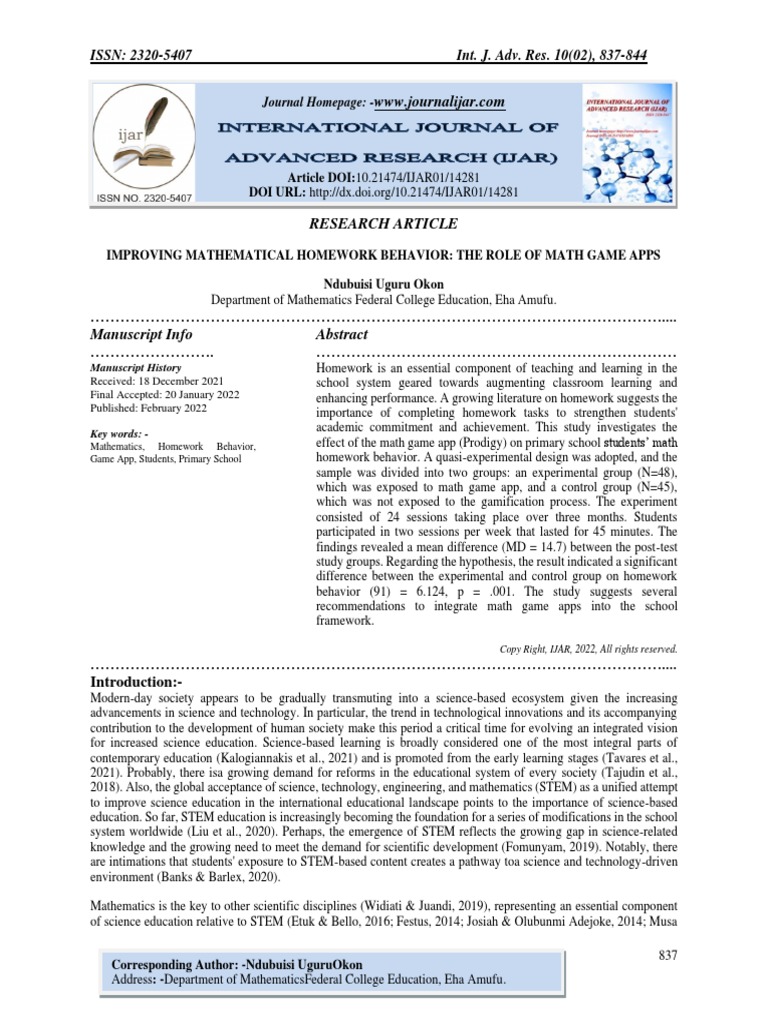 Improving Mathematical Homework Behavior The Role Of Math Game Apps