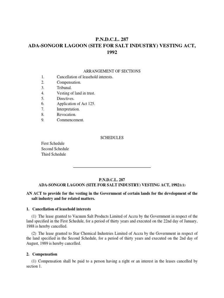Ada-Songor Lagoon (Site For Salt Industry) Vesting Act, 1992 | PDF ...