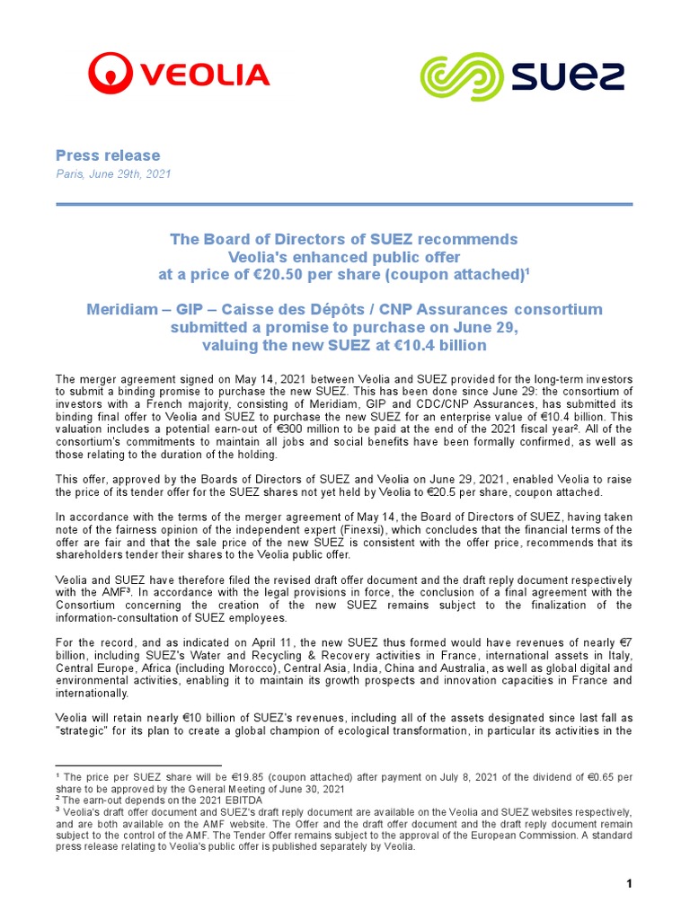 PR Suez Veolia - EN | PDF | Mergers And Acquisitions | Board Of Directors