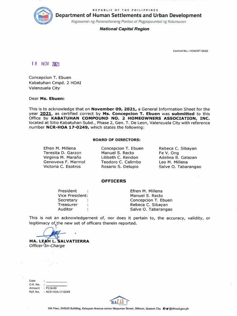 HLURB Registration for Kabatuhan HOA | PDF