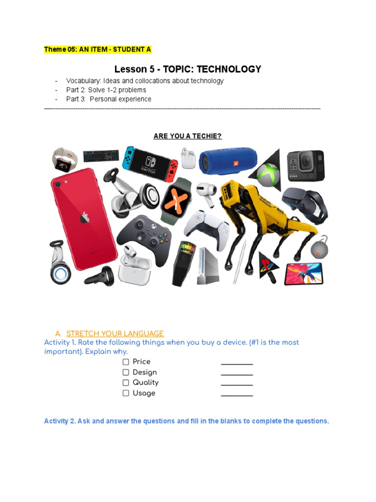 Lesson 5 - Topic: Technology: Theme 05: An Item - Student A | PDF ...