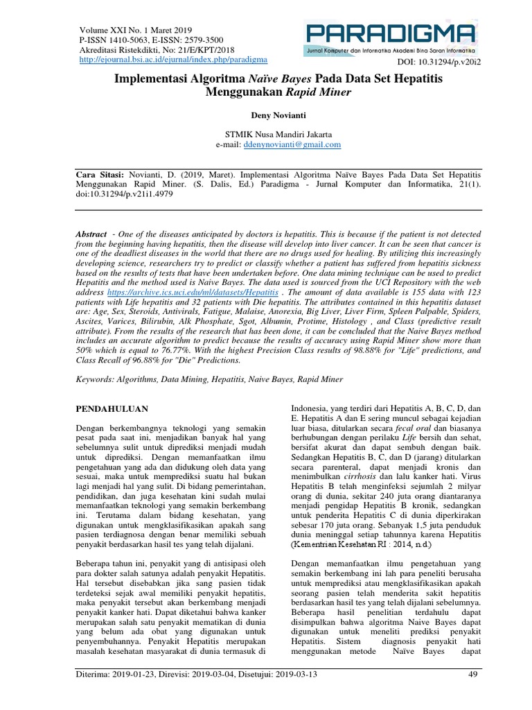 Implementation of the Naive Bayes Algorithm on Hepatitis Disease Data Sets Using Rapid Miner to ...