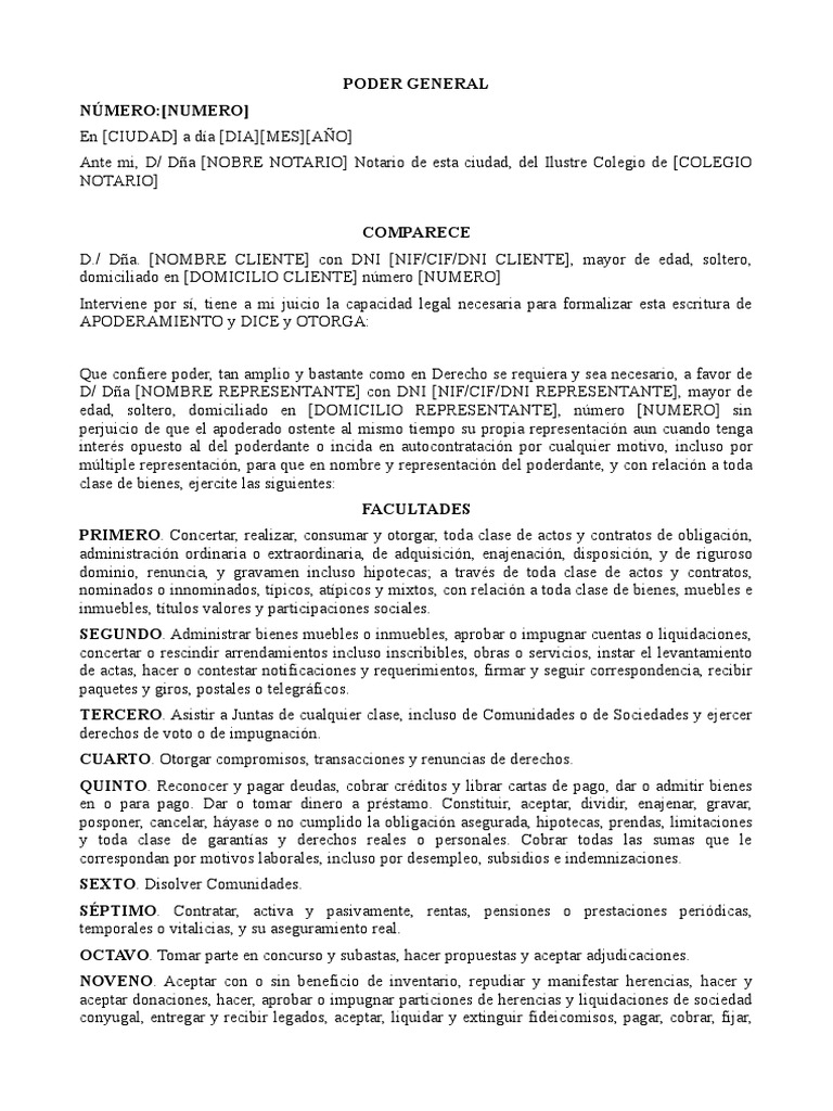 Modelo Poder Notarial General | PDF | Derecho Civil (Common Law) | Justicia