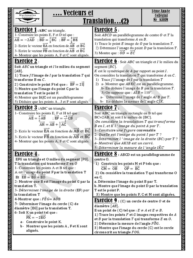 Exercices Corrigés : Vecteurs et Translation | PDF | Triangle | Géométrie