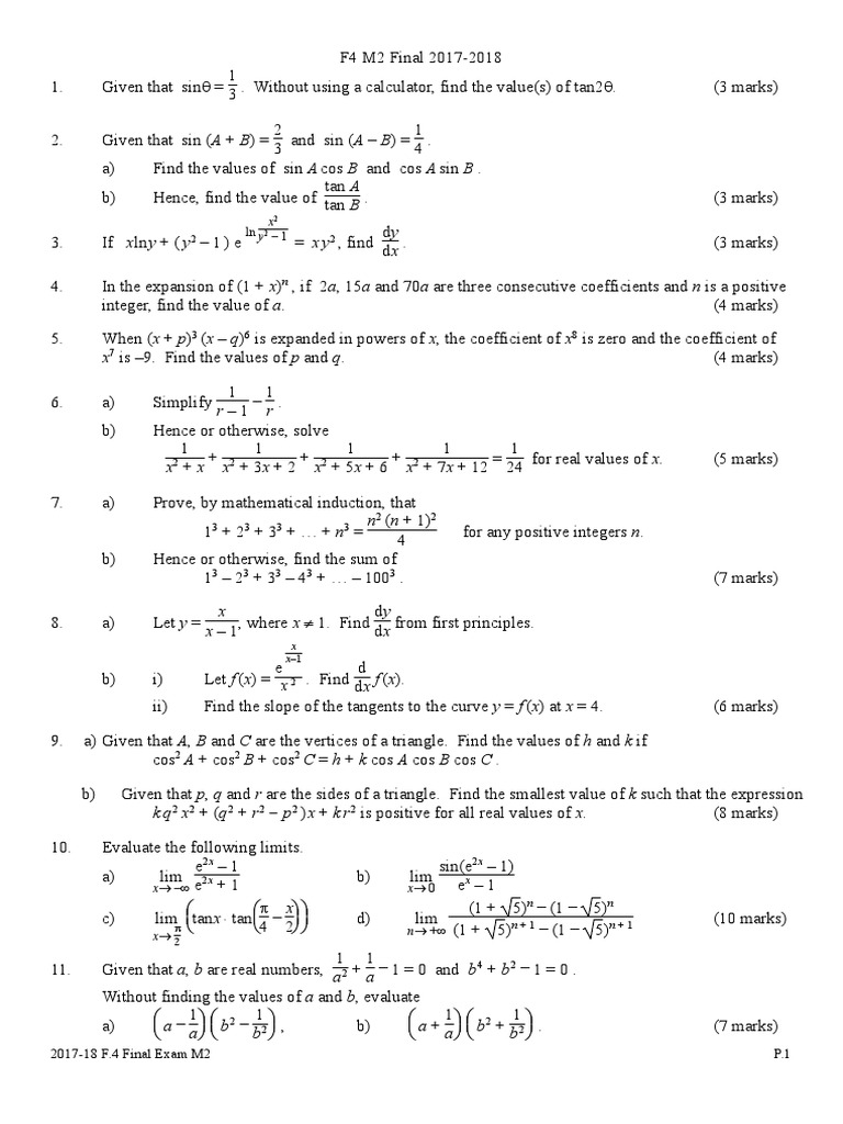 La Salle 2017-2018 Final Exam S4 Math M2 | PDF | Trigonometric ...