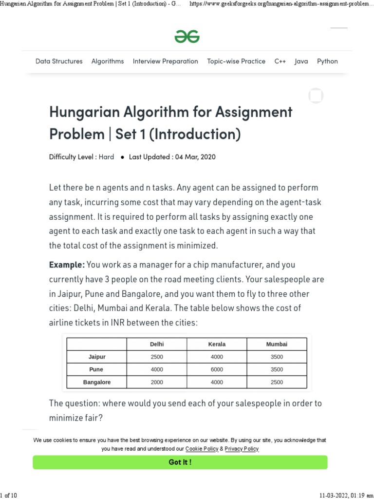 Hungarian Algorithm For Assignment Problem Set 1 Introduction Pdf