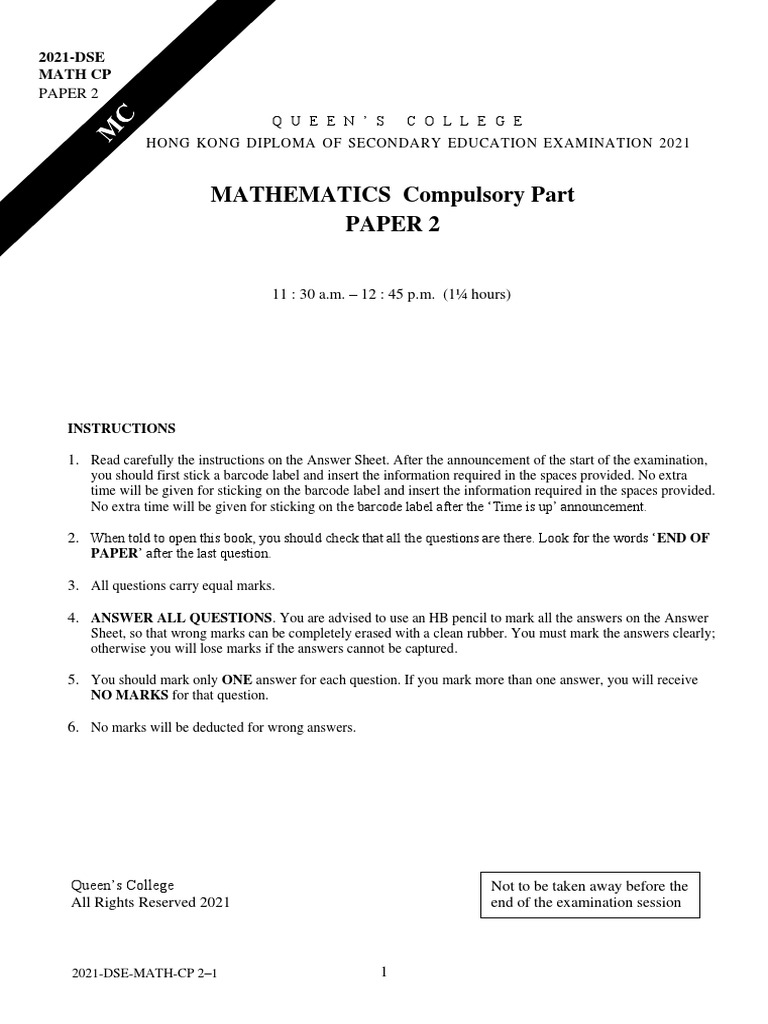Queens 2020-2021 Mock Exam F6 Math Paper 2 | PDF | Rectangle ...
