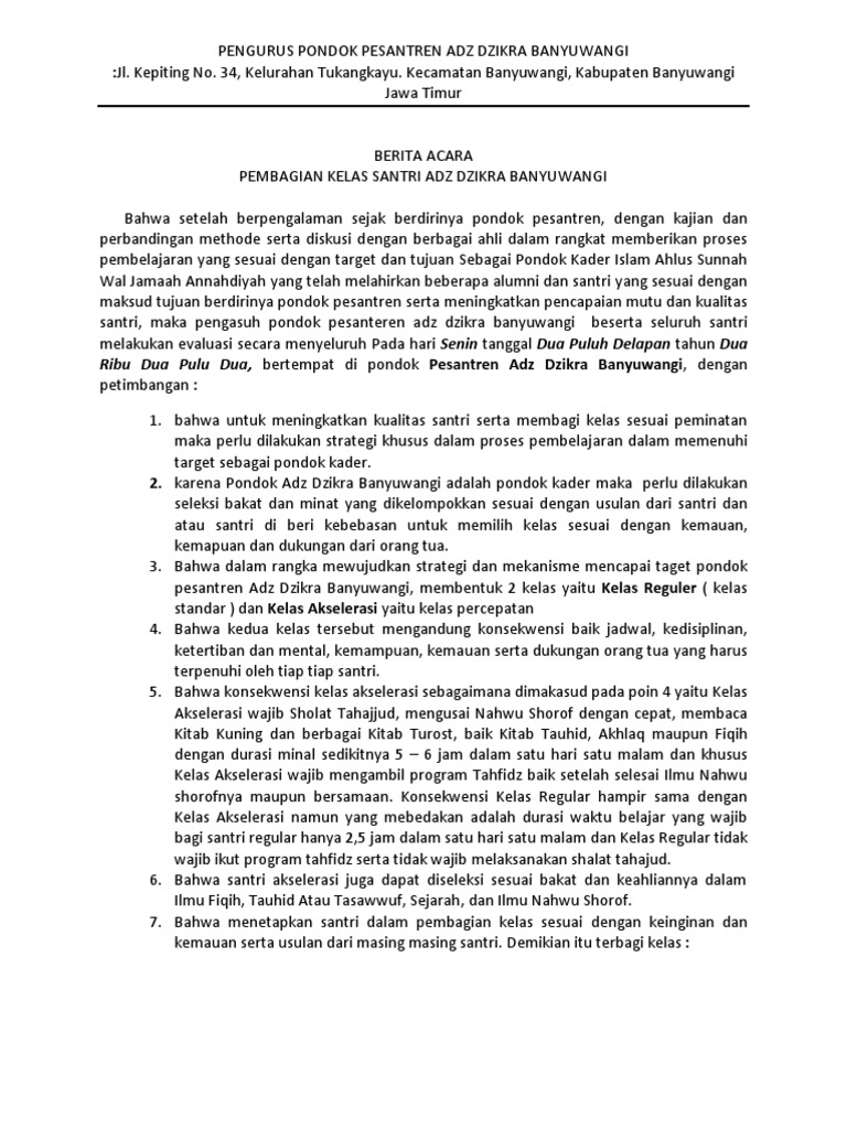 Berita Acara Pembagian Kelas Santri Adz Dzikra | PDF