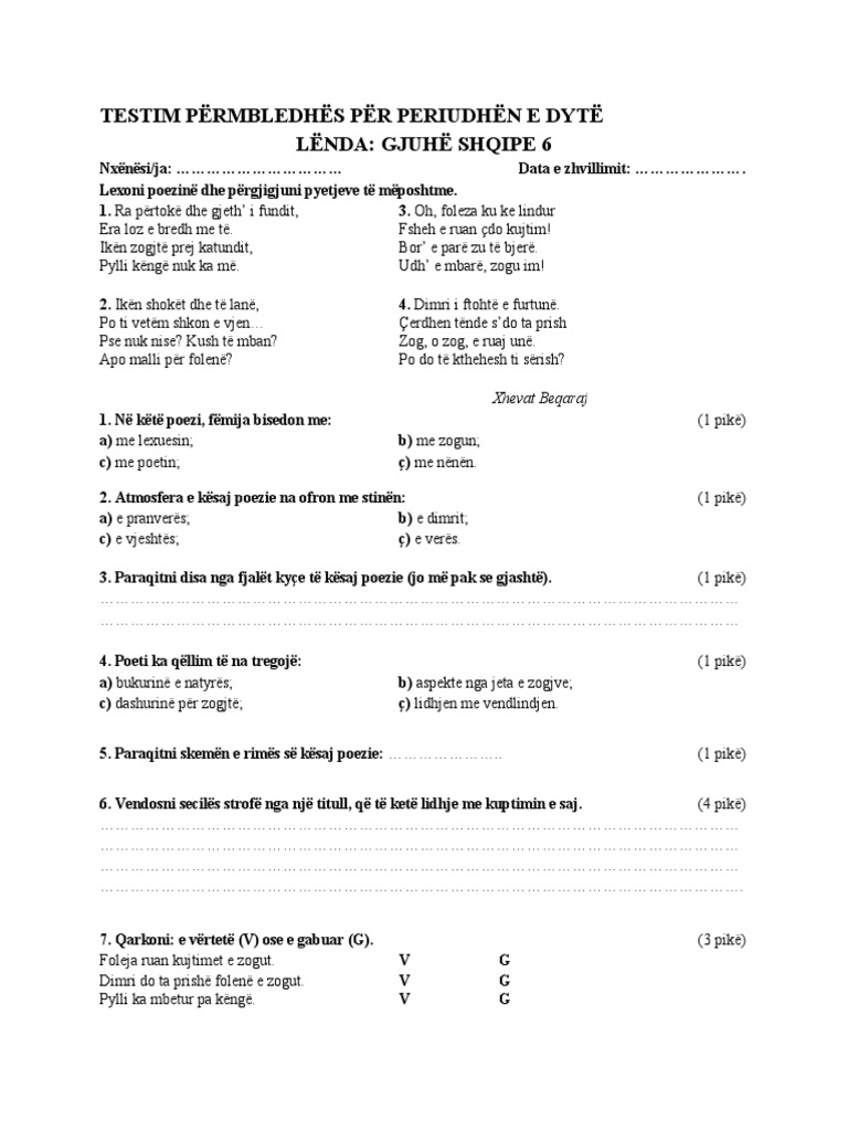 Teste Gjuha Shqipe | PDF