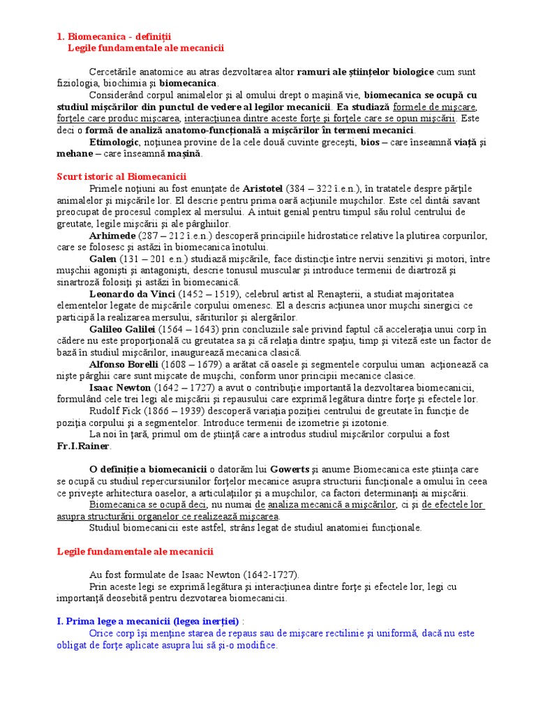 Biomecanica Definitie. Legile Mecanicii | PDF