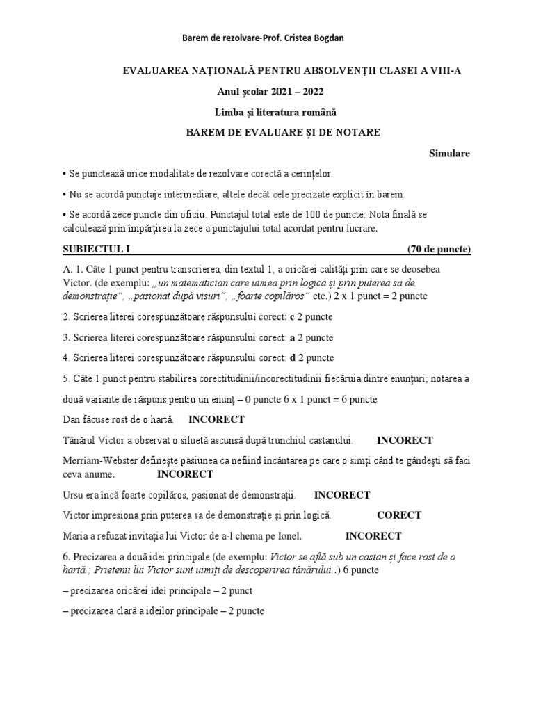Simulare A VIII-a Barem, Prof. Cristea | PDF