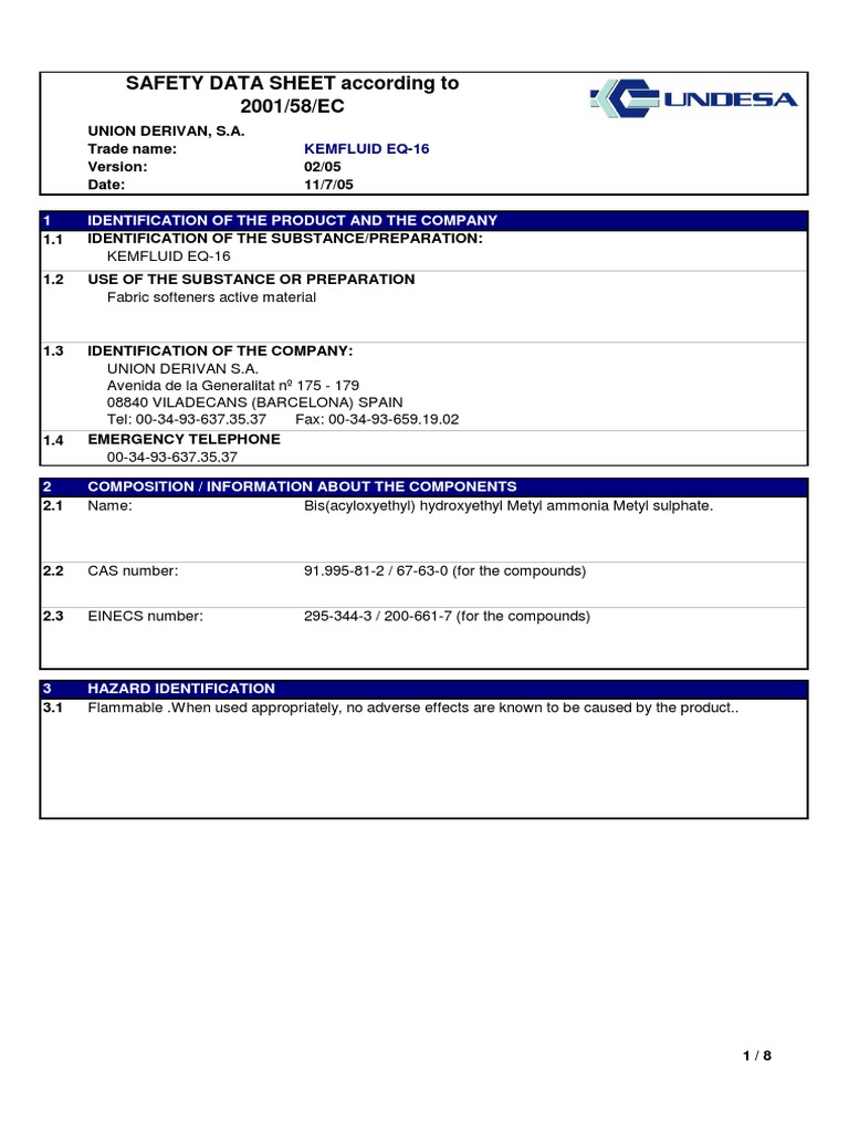 SAFETY DATA SHEET According To 2001/58/EC: Union Derivan, S.A. Trade ...