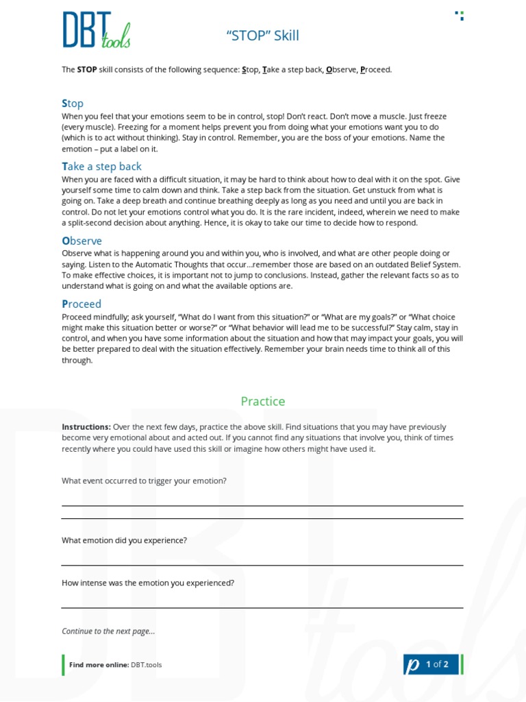 Master the STOP Skill for Emotional Control | PDF | Thought | Emotions