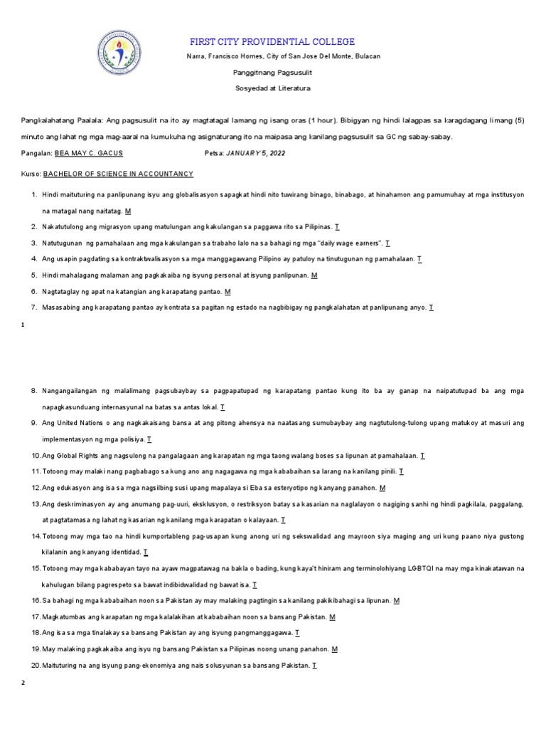 FCPC Soslit Panggitnang Pagsusulit | PDF