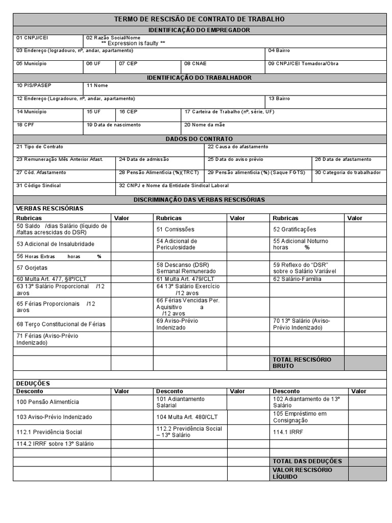 Formulário Novo Termo de Rescisão de Contrato de Trabalho TRCT | PDF ...