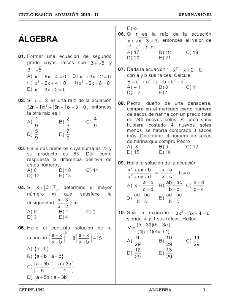 2do Sem Basico Álgebra 2010-II | PDF | Ecuaciones | Ecuación cuadrática