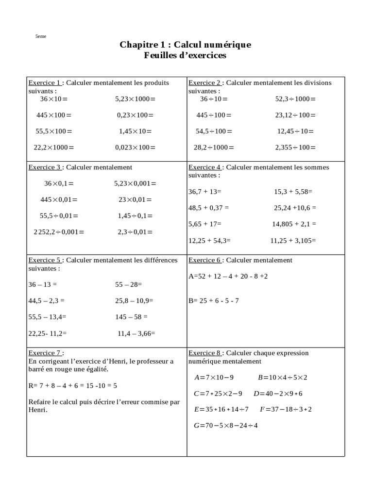 Chapitre 1 Calcul Numérique 5eme Feuille Exercices | PDF | Informatique ...