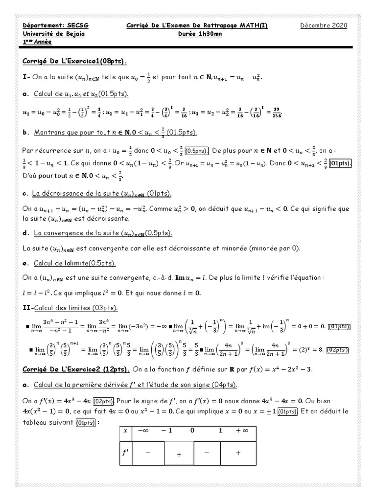 Corrigé Rattrapage Maths 2020 | PDF | Extremum | Géométrie