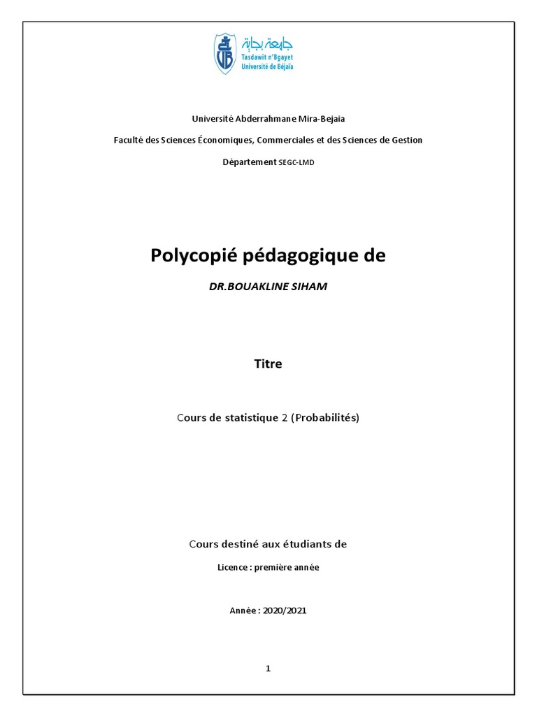 Polycopié de Cours Probailités | PDF | Théorie des probabilités | Loi de probabilité