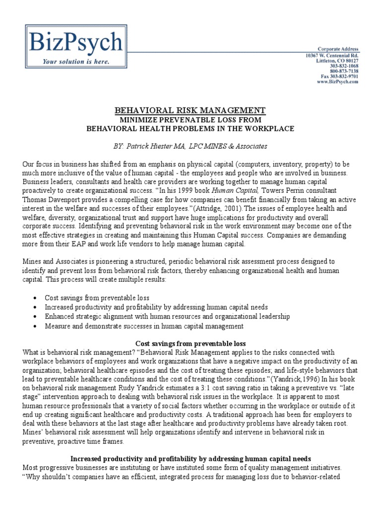 Behavioral Risk Management: Minimize Prevenatble Loss From Behavioral ...