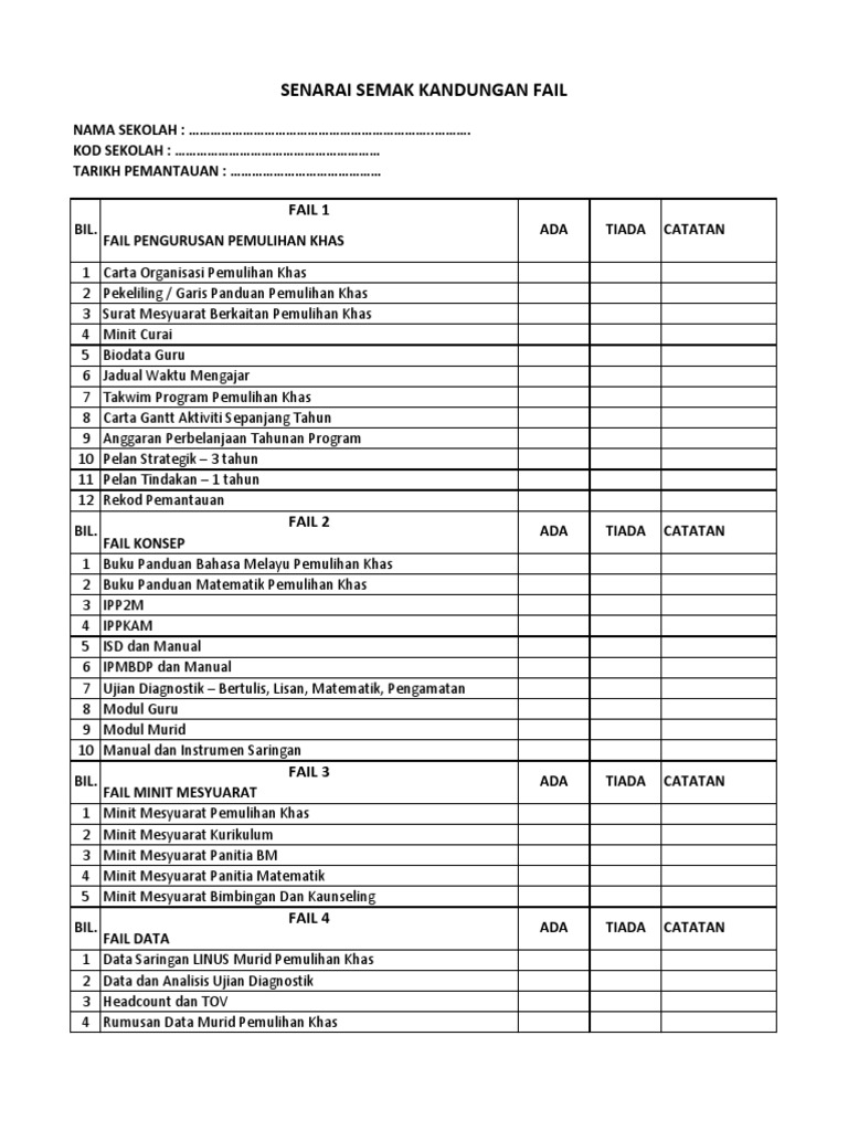 Senarai Semak Fail Program Pemulihan Khas 2020 | PDF
