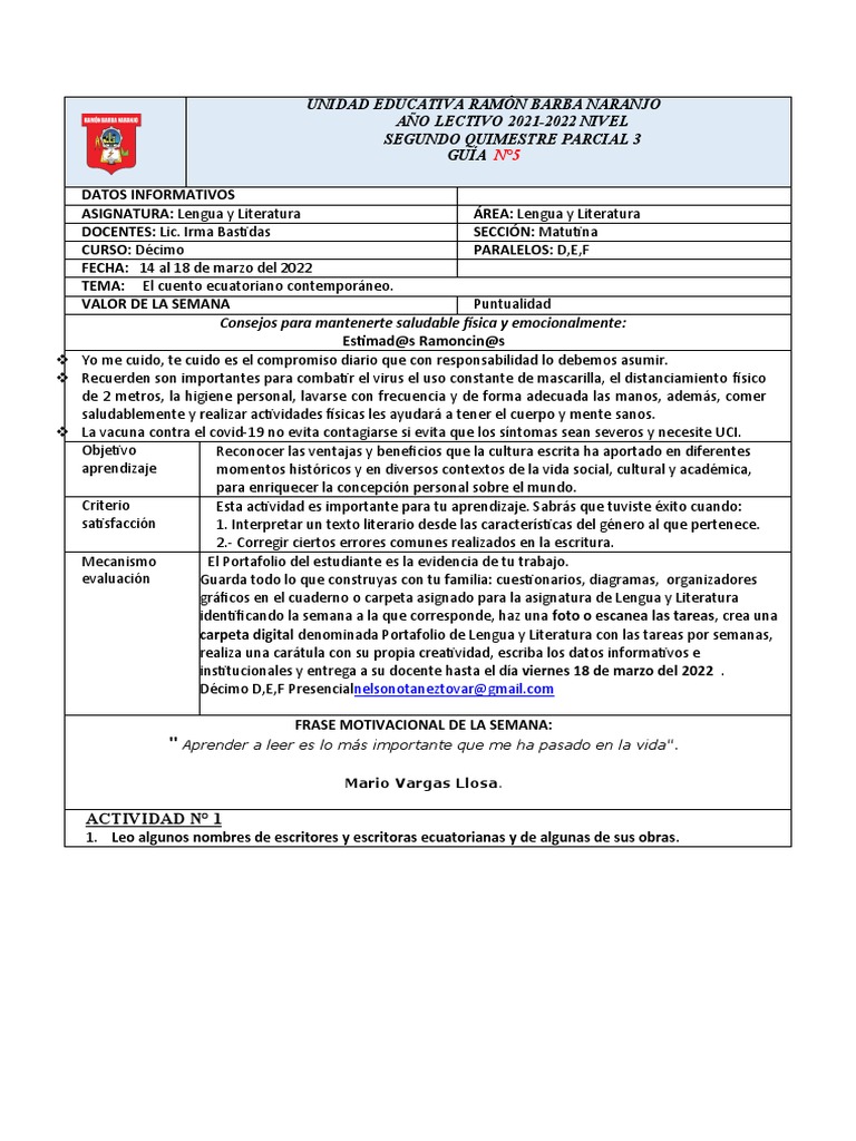 Guía 5 Décimos Lyl 2q | PDF | Cuentos