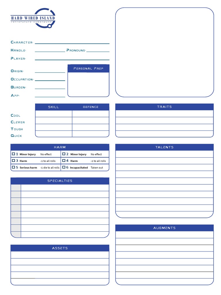 Hard Wired Island - Character Sheet (Simple Fillable) | PDF
