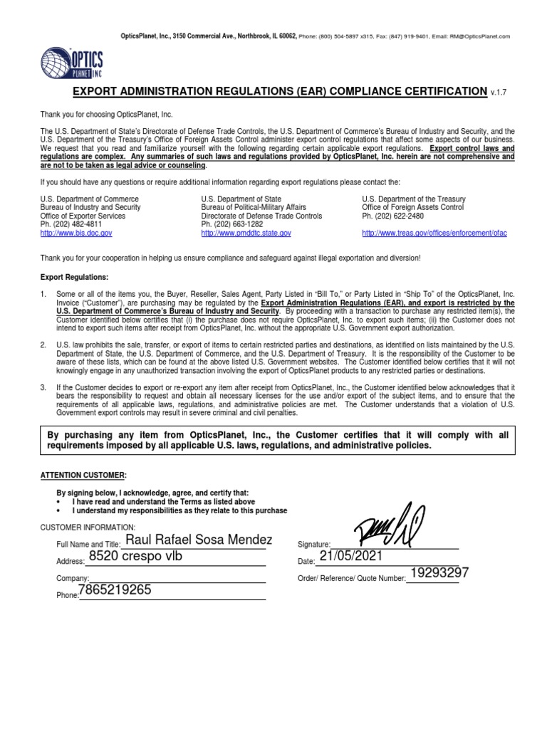 Opplanet Ear Export Form v1.7 | PDF | Exports | Government