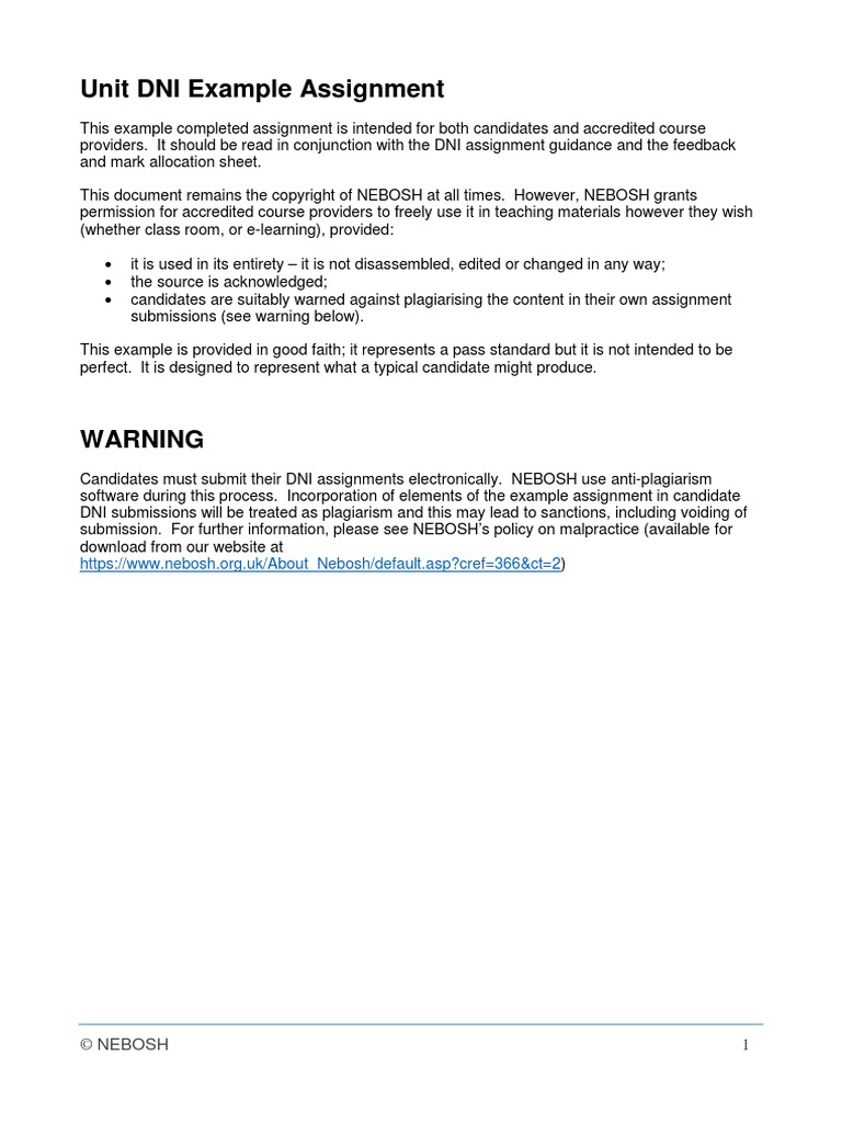 Unit DNI Example Assignment: © Nebosh 1 | PDF | Occupational Safety And ...