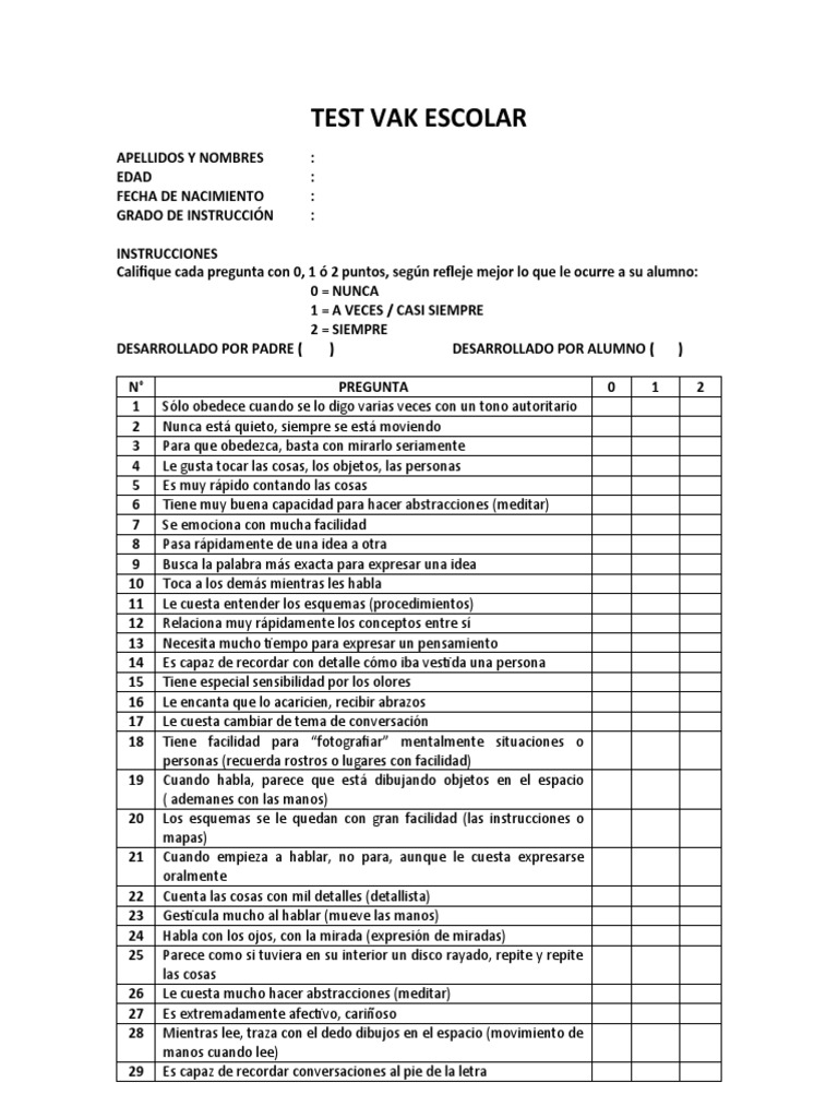 Test VAK Escolar: Evaluación Sensorial | PDF