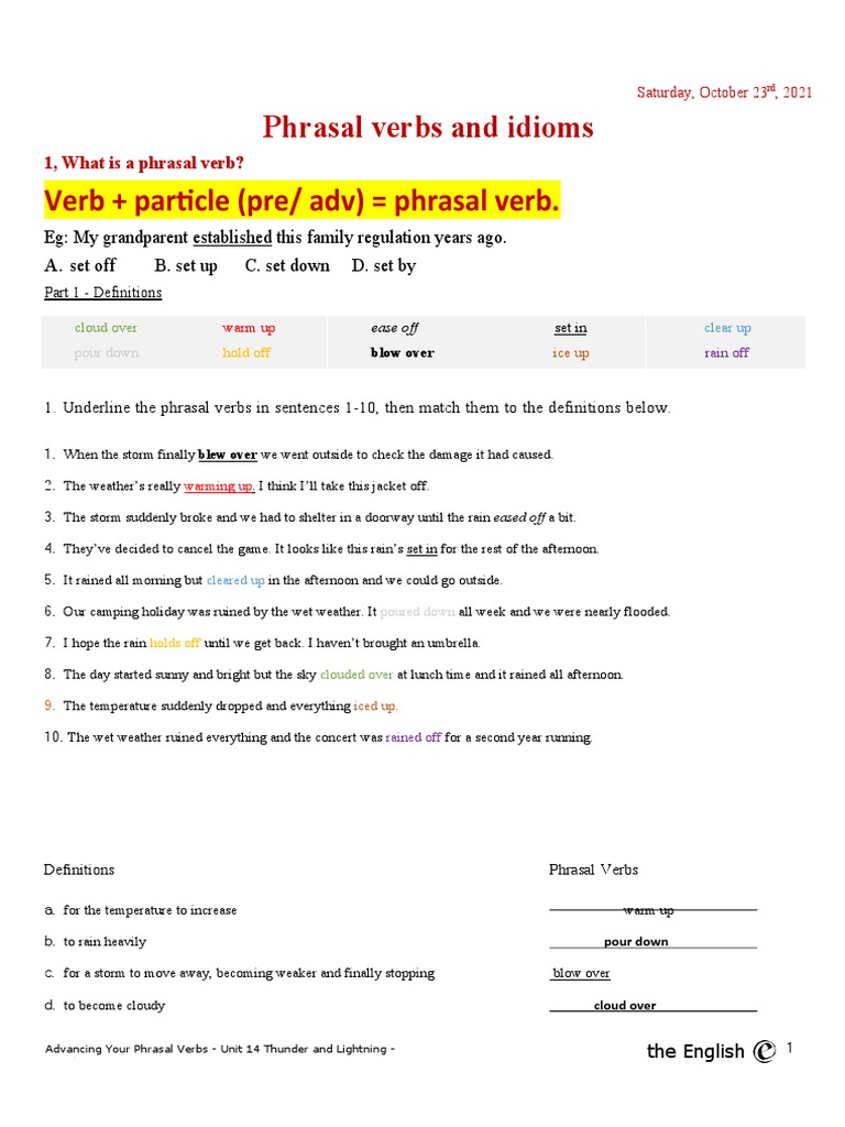Phrasal Verbs and Idioms Verb + Particle (Pre/ Adv) Phrasal Verb | PDF ...