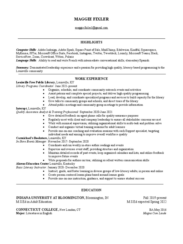 Revised Resume Maggie Fixler | PDF | Libraries | Literacy