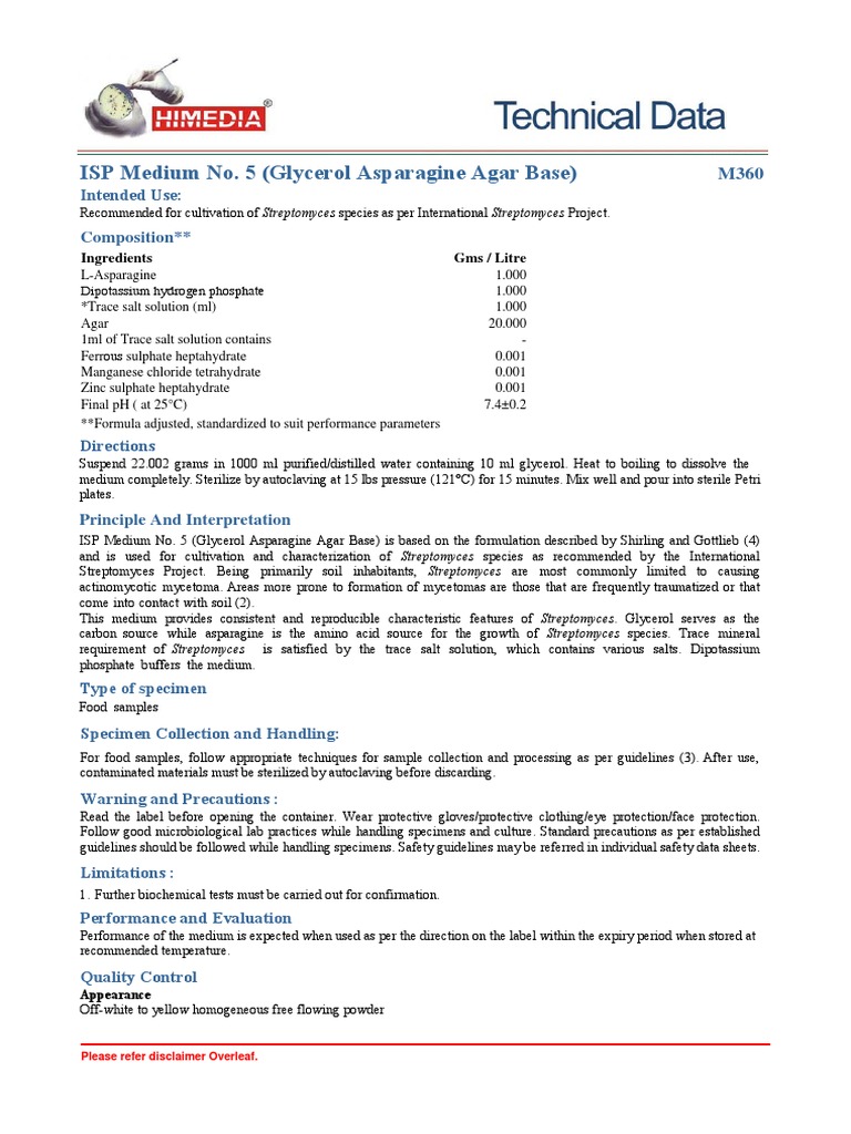 ISP5 (Glycerol Asparagine Medium) | PDF | Agar | Soil