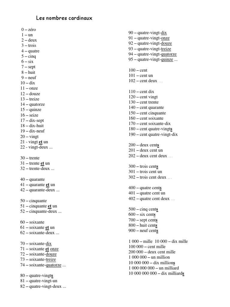 Les Nombres Cardinaux en Français | PDF