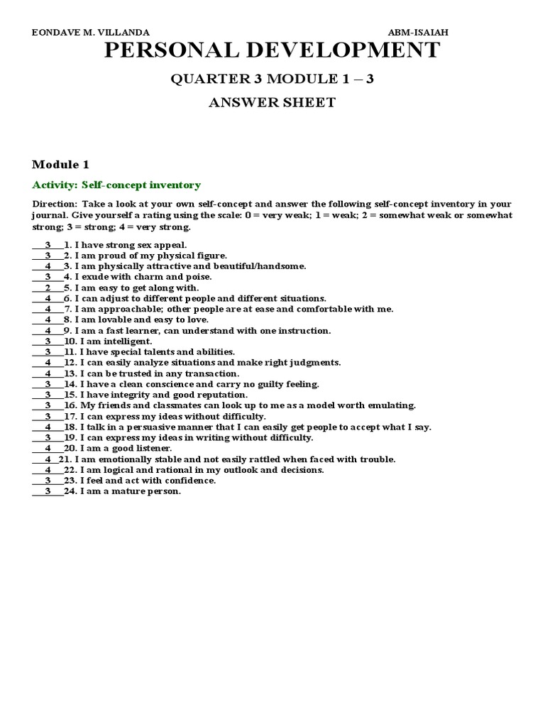 Personal Development: Quarter 3 Module 1 - 3 Answer Sheet | PDF ...