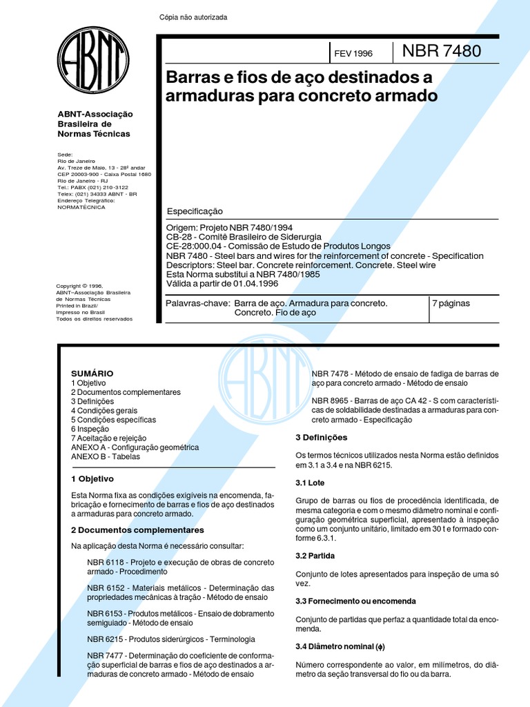 NBR 07480 - 1996 - Barras e Fios de Aço para Armaduras para Concreto ...