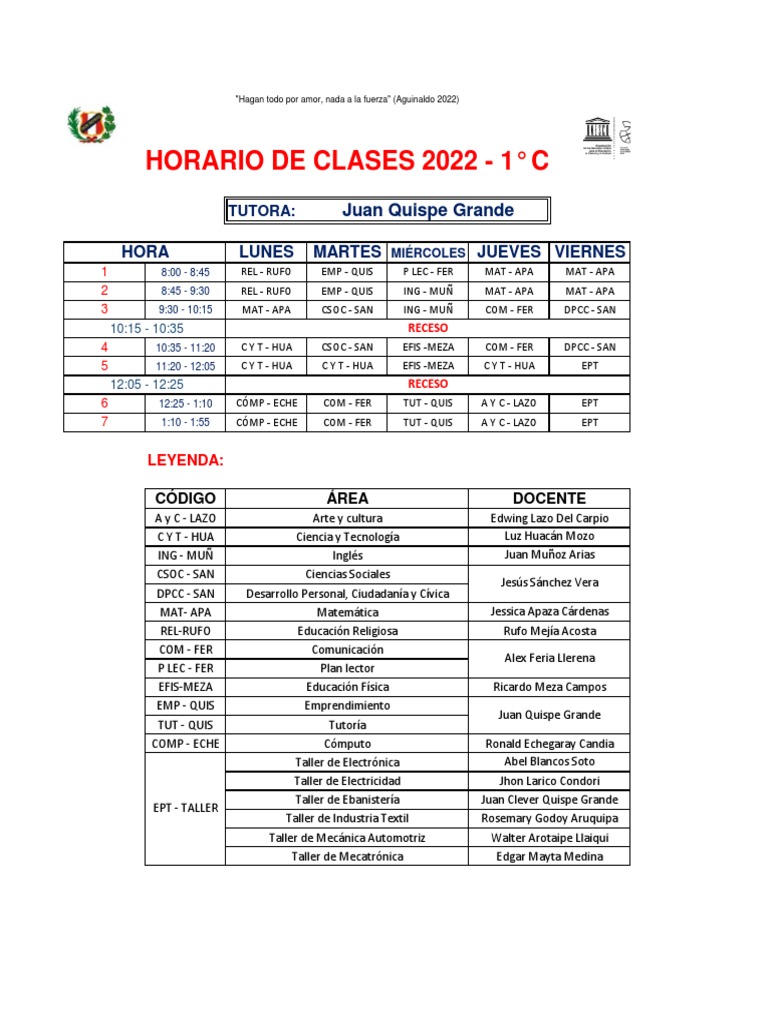 Horario de Clases 1° C 2022 | PDF